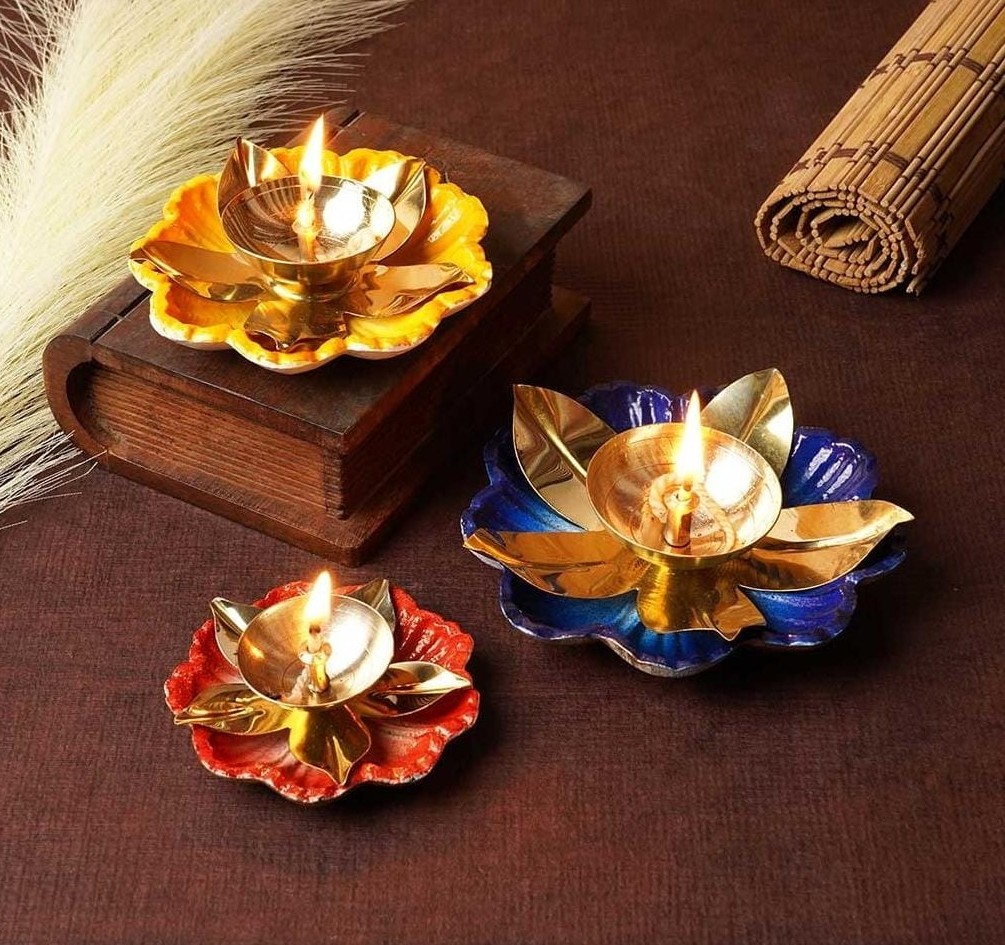 Brass Coloured Flower Diya with Hard Base - KVR Art Villa